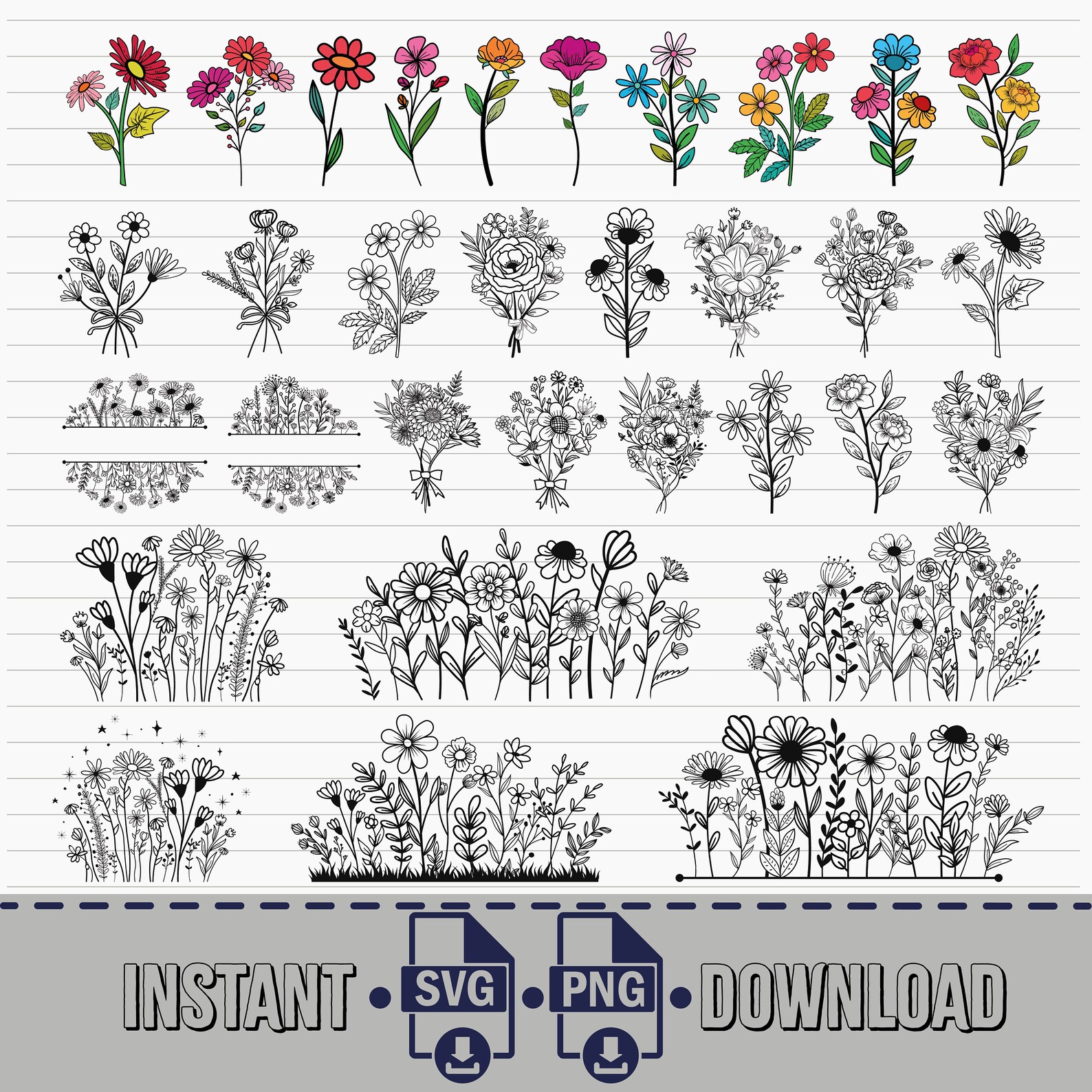 Wildflowers Svg, Wild Flower Svg Bundle, Floral Frame Svg, Split ...