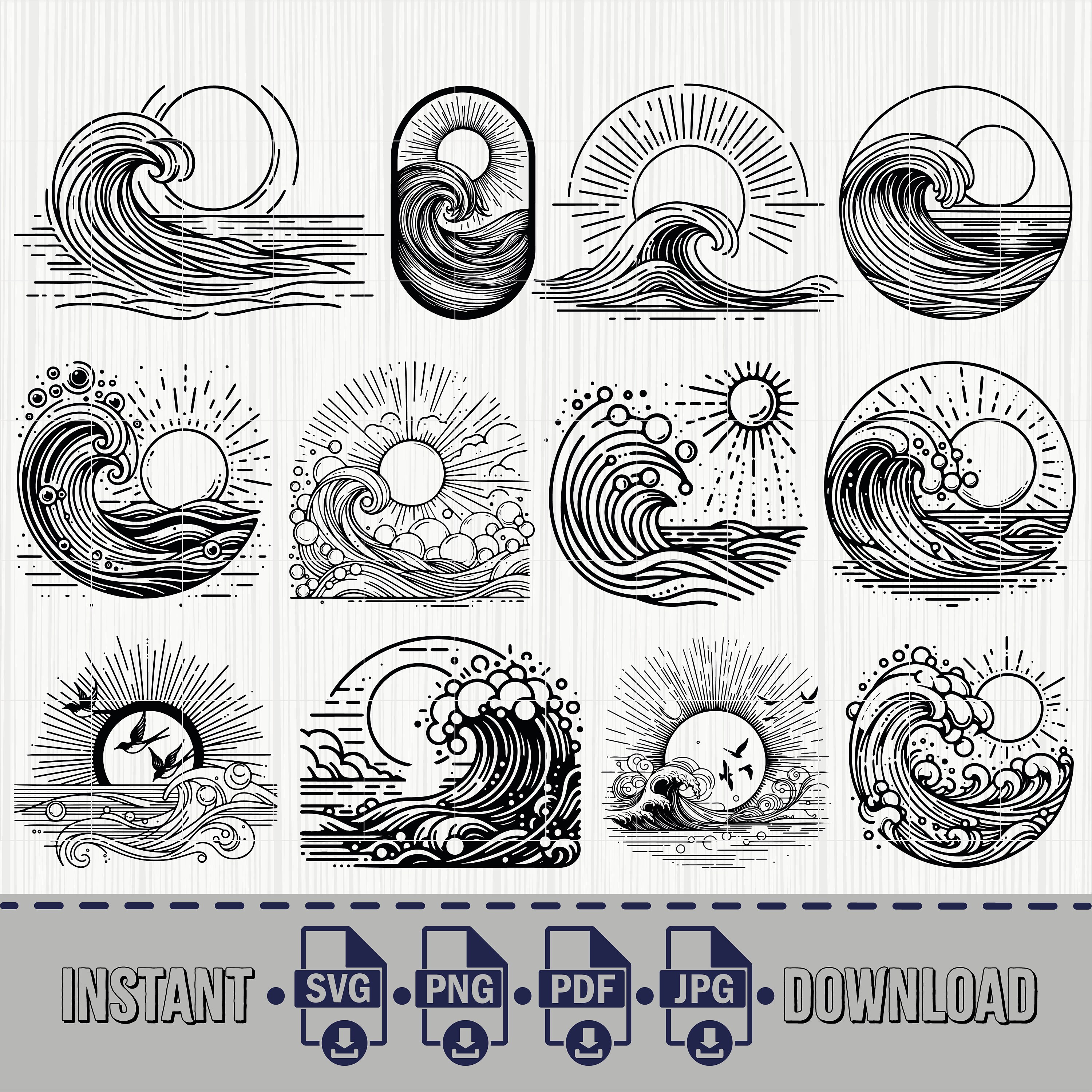Wave SVG, Clipart, Wave and Sun Scene Svg, Ocean Wave Svg, Sea Waves ...
