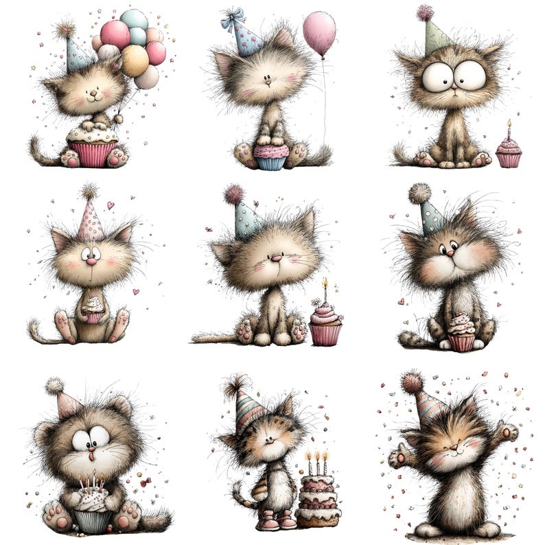 Birthday Cats Watercolor Clipart Bundle, Spring Kittens PNG (commercial ...