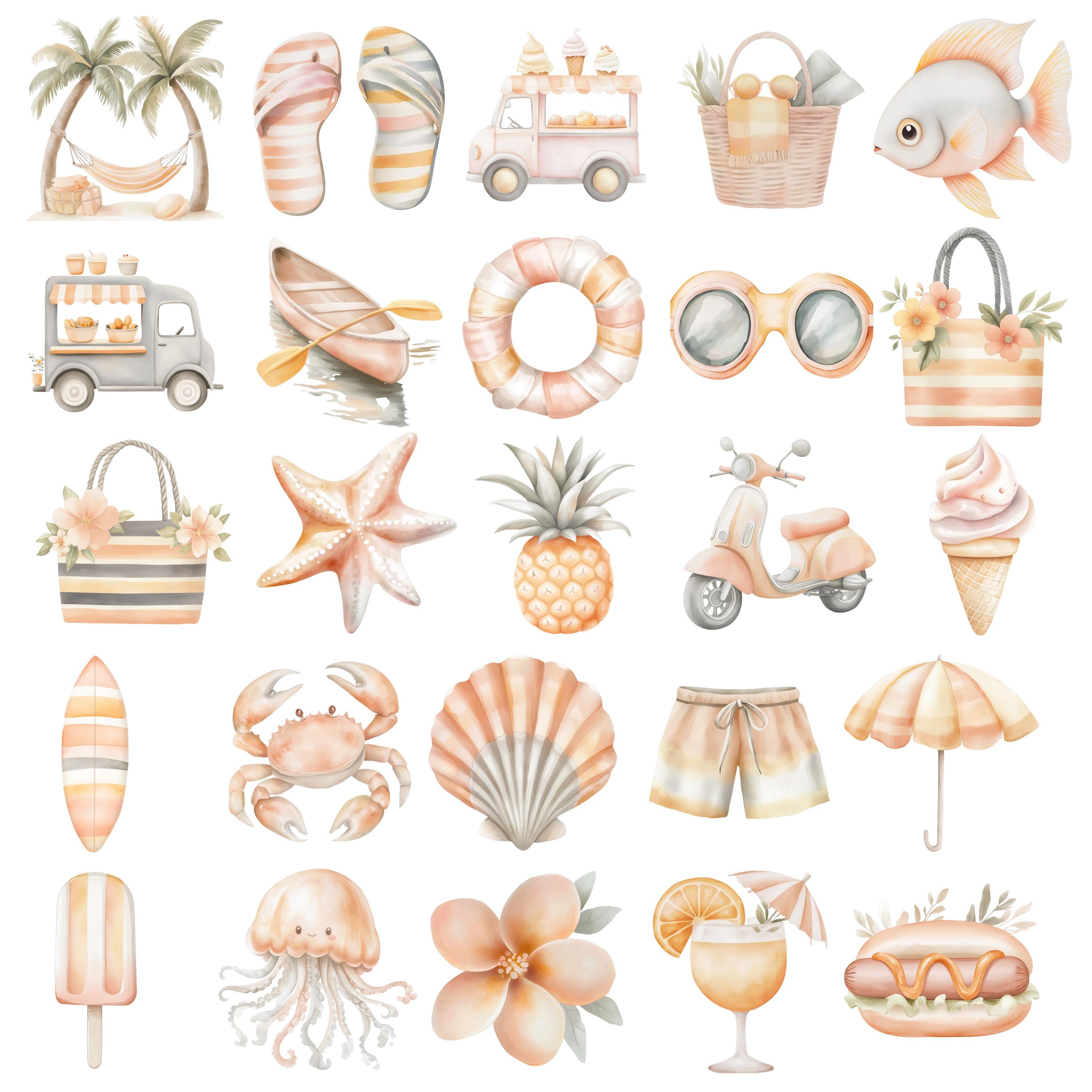 Summer Beach Clipart, Watercolor Coastal Vacation Elements (PNG Files ...