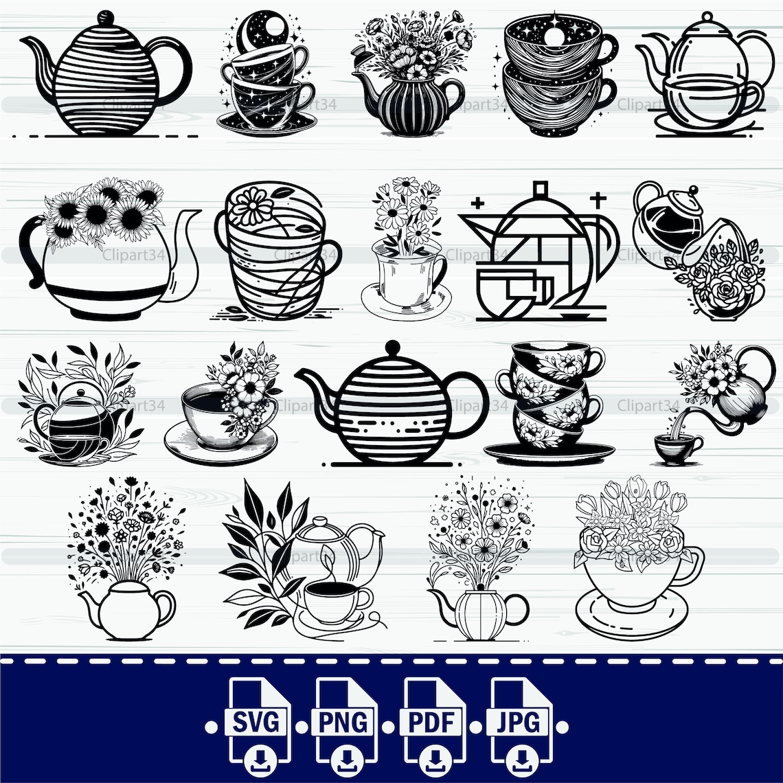Floral Teapot & Teacup SVG Bundle: Flower Tea Pot Cut Files (digital ...