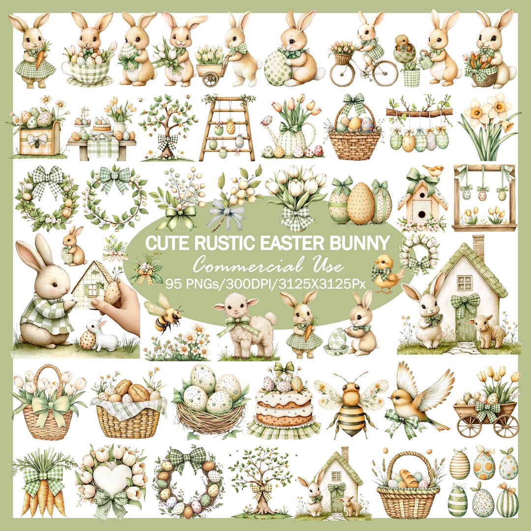 Watercolor Easter Bunny Clipart Bundle, Rustic Spring Farm Pngs ...