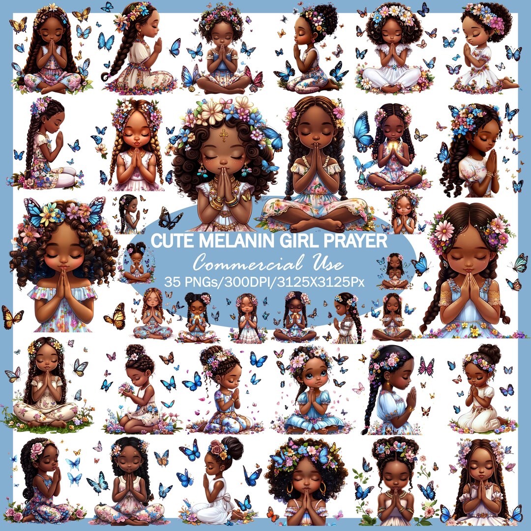 Melanin Girl Prayer Clipart, Watercolor Butterfly Floral Princess PNG ...