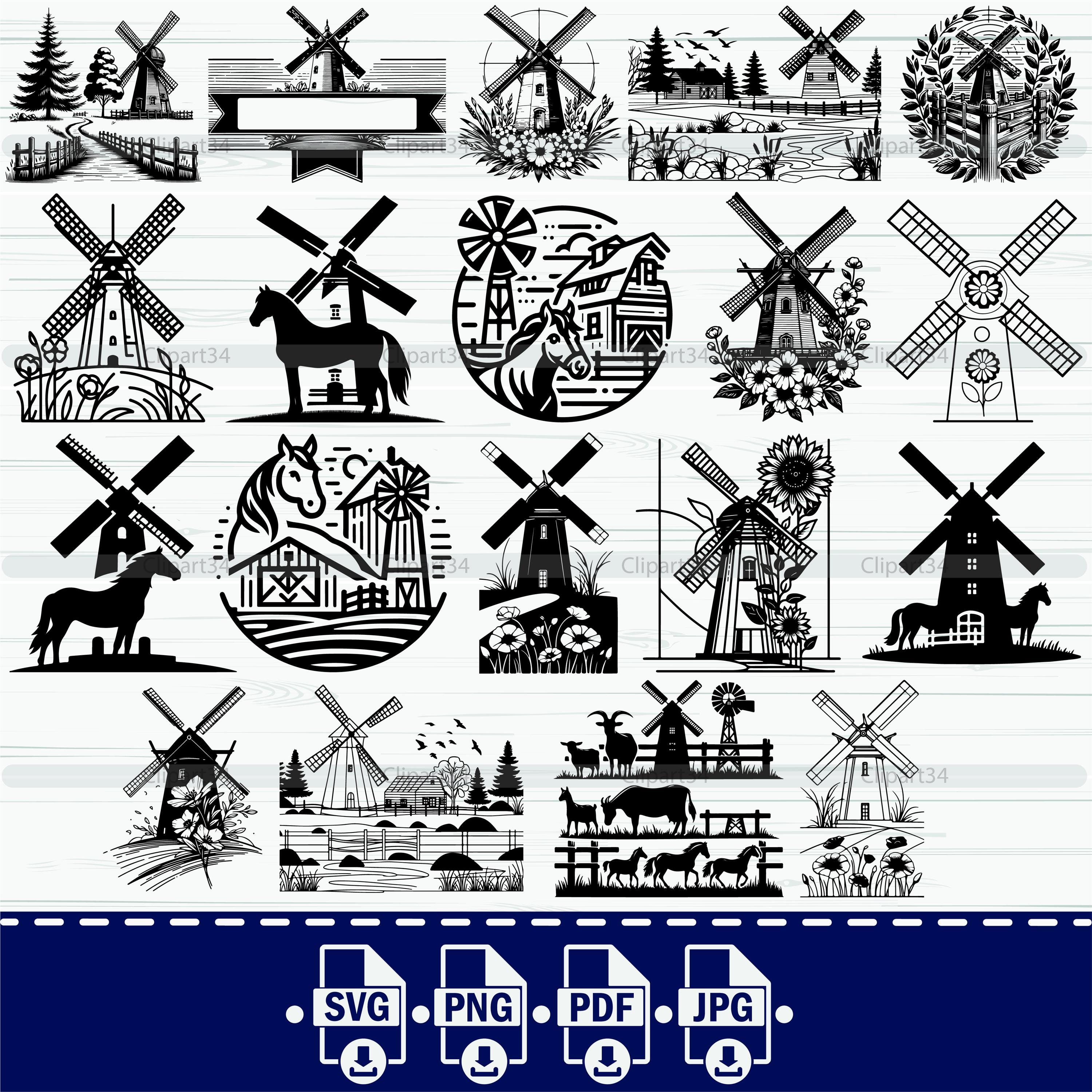 Windmill Svg, Wind Mill Svg, Farmhouse Svg, Farm Animal, Dutch Windmill ...