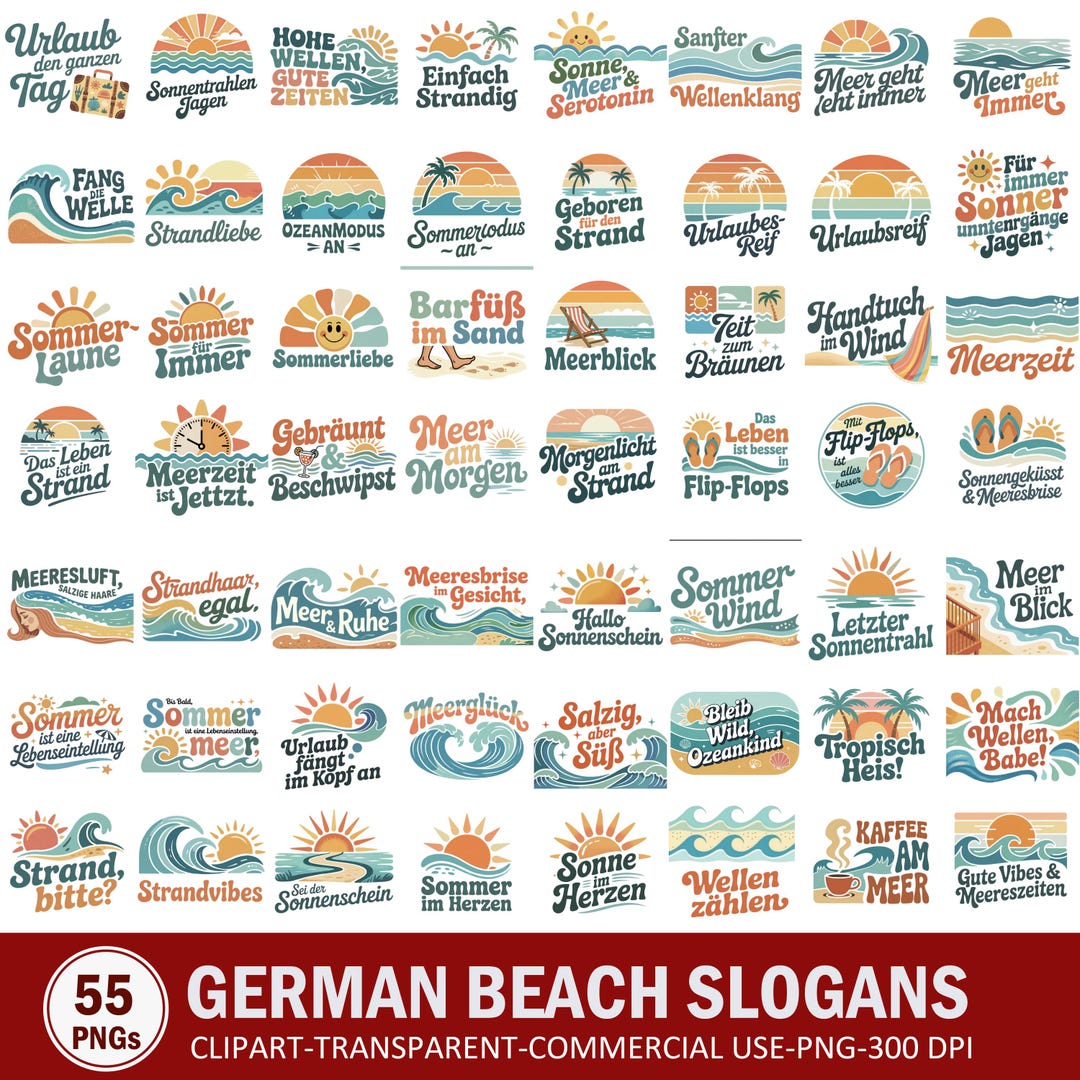 German Beach Slogans Clipart Bundle, Summer Vacation PNG (digital ...