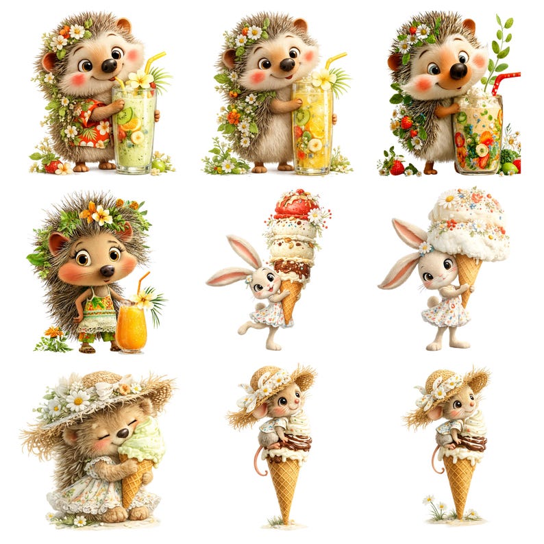 Cute Animal Ice Cream Clipart Bundle, Kawaii Summer Animals PNG ...