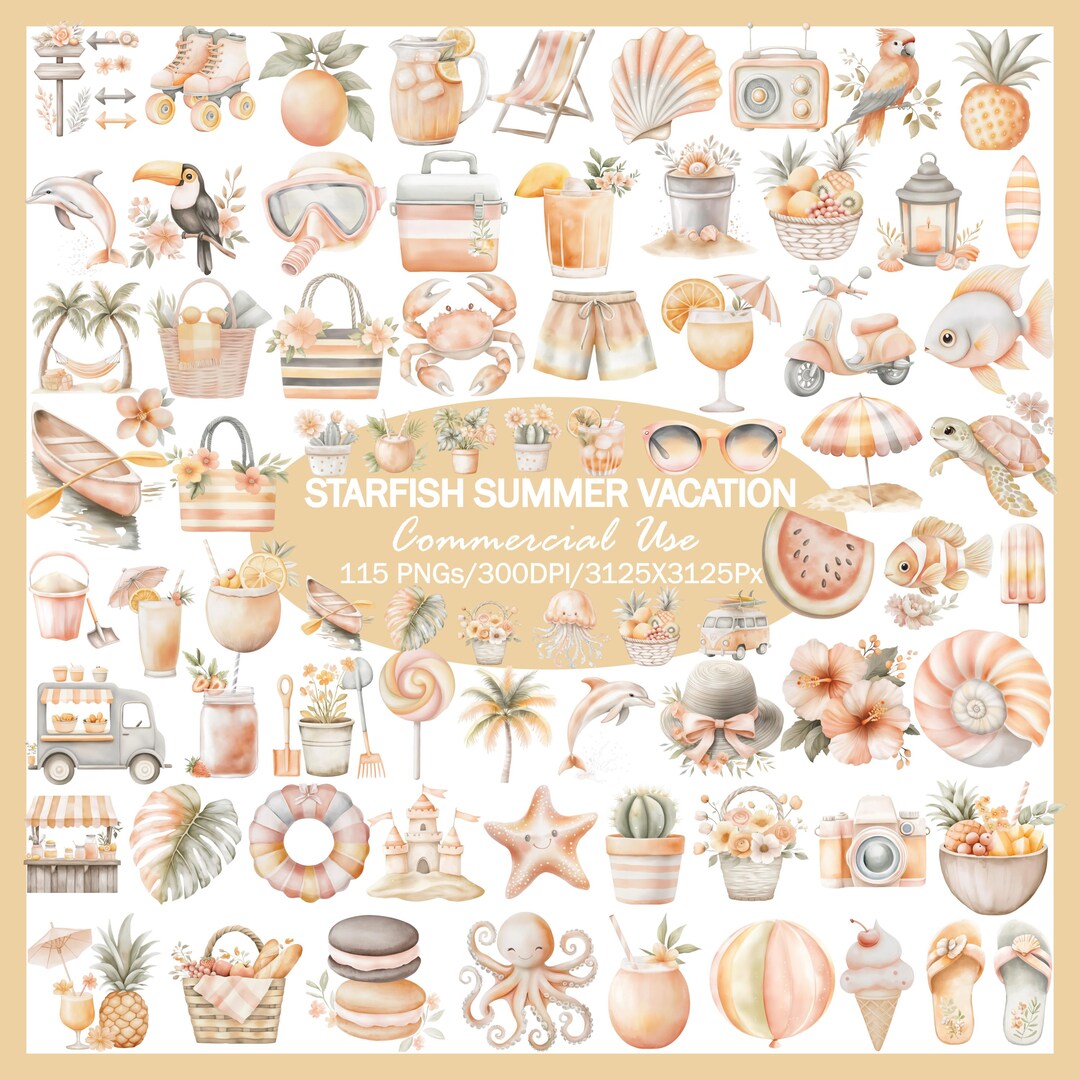Summer Beach Clipart, Watercolor Coastal Vacation Elements (PNG Files ...