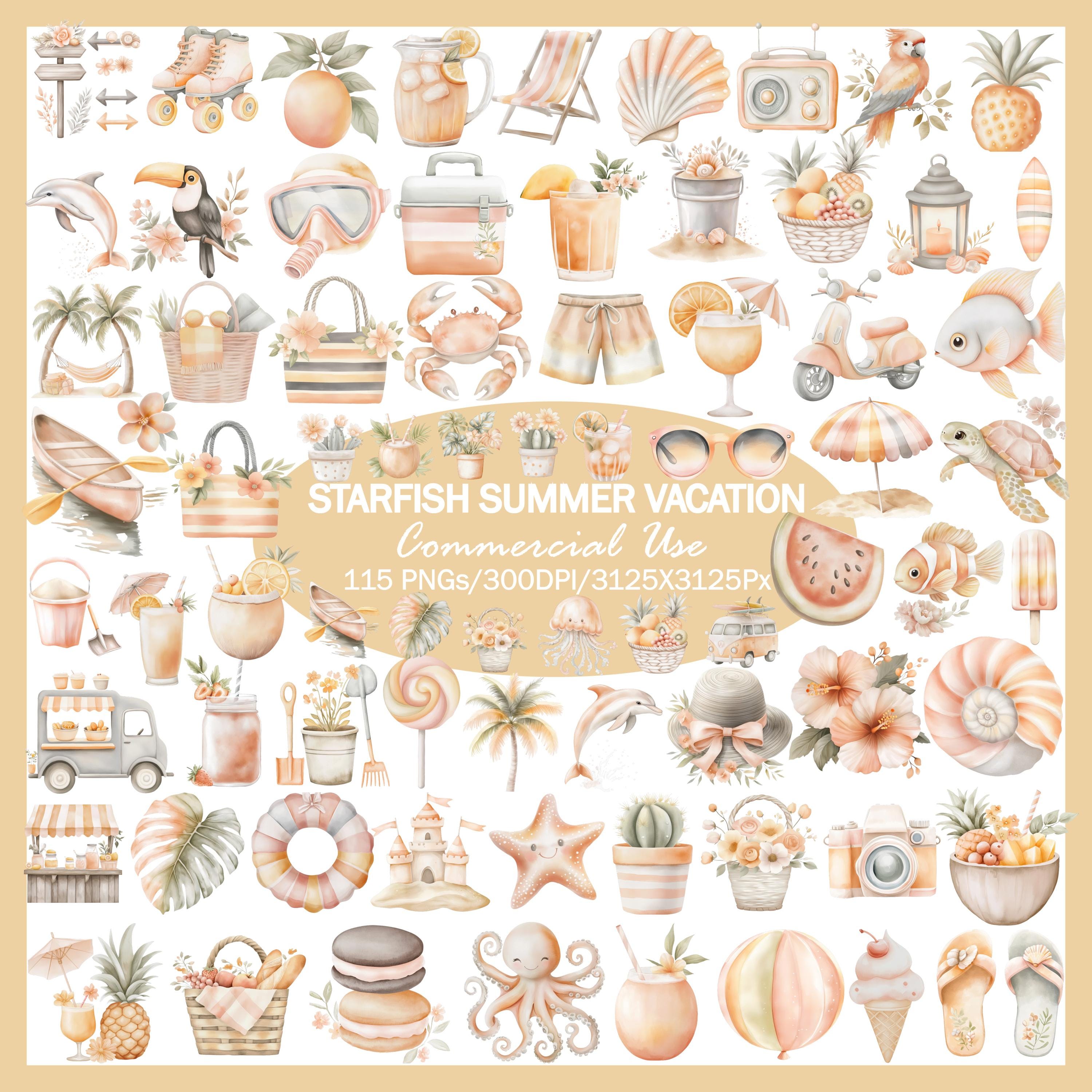 Summer Beach Clipart, Watercolor Coastal Vacation Elements (PNG Files ...