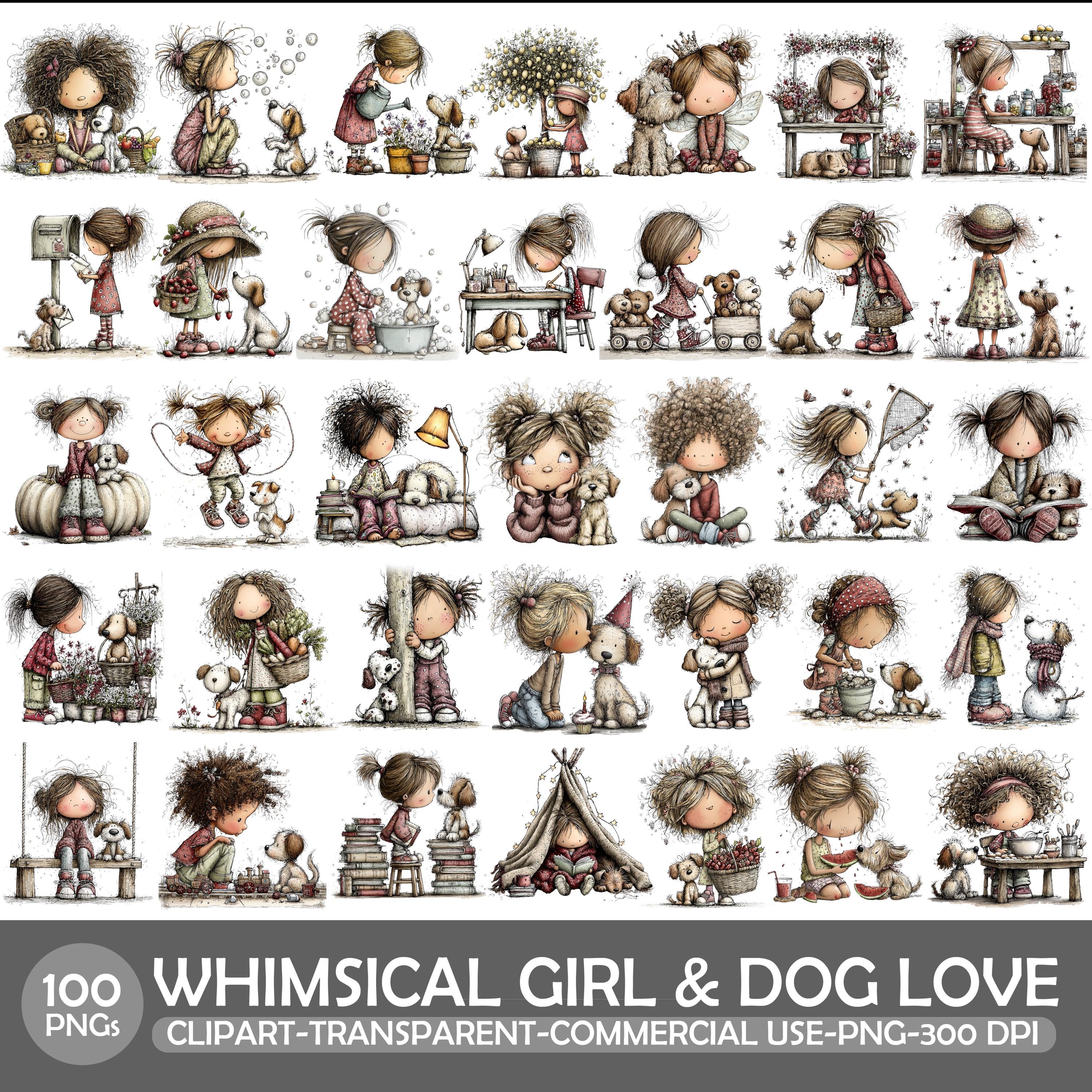 Girl and Dog Clipart Bundle, Cottagecore Nursery Art (PNG, Commercial ...