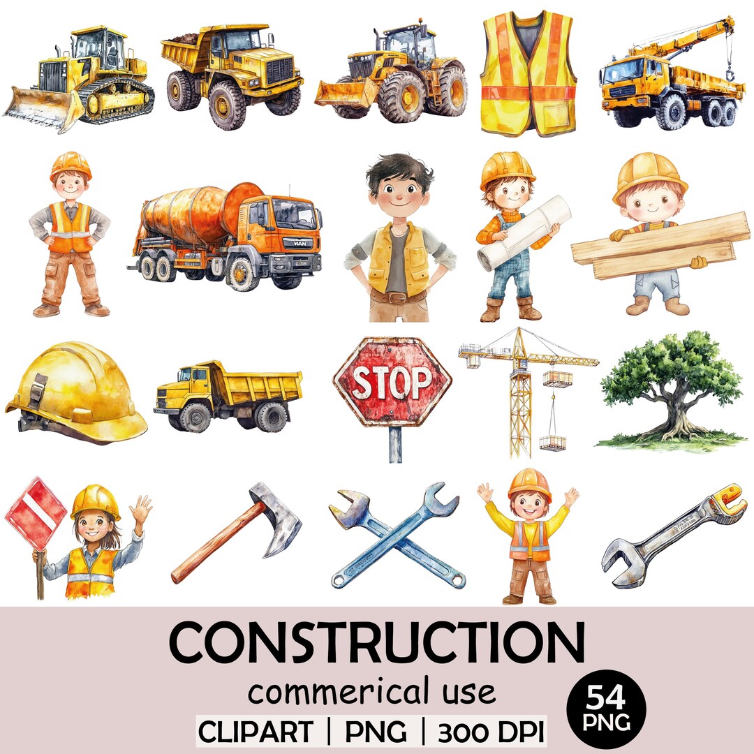 Construction Clipart Bundle – 54 Watercolor Kids Builder PNG, Tools ...