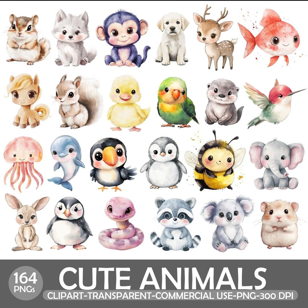 Cute Animals Watercolor Clipart Bundle | Baby Animal PNG Set | 164 Cute ...