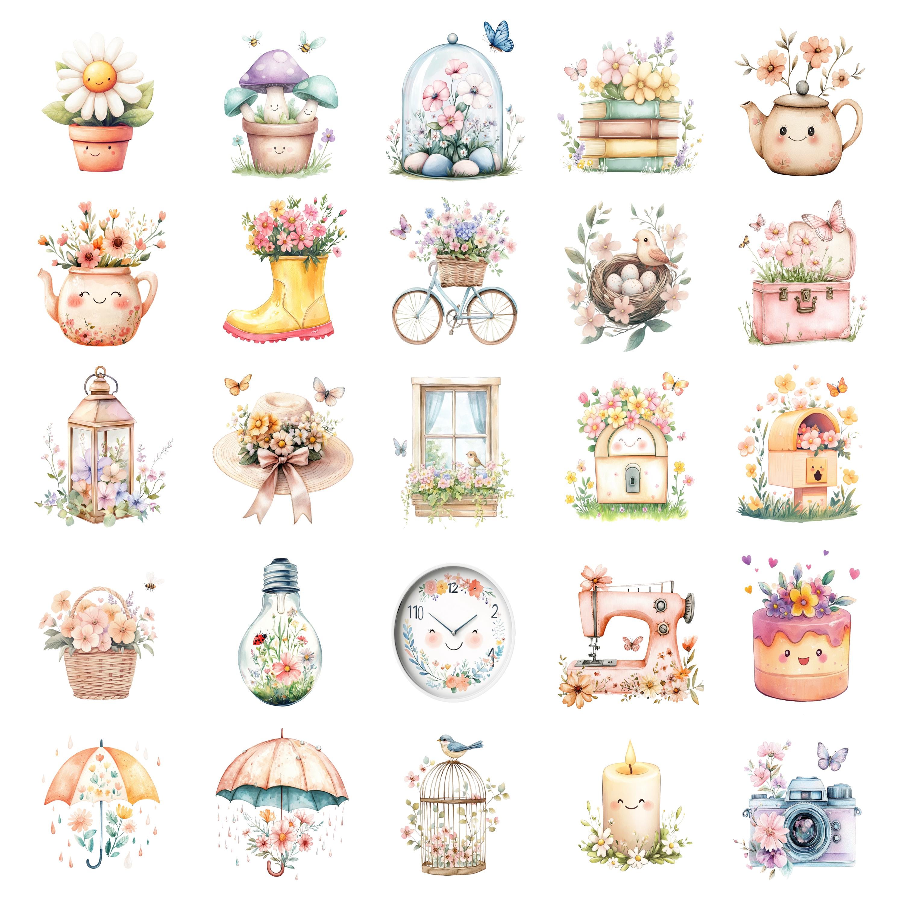 Whimsical Garden Clipart Bundle, Kawaii Floral Elements, Spring Nature ...