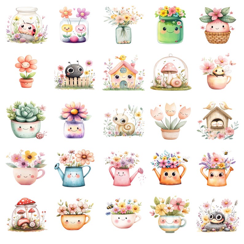 Whimsical Garden Clipart Bundle, Kawaii Floral Elements, Spring Nature ...