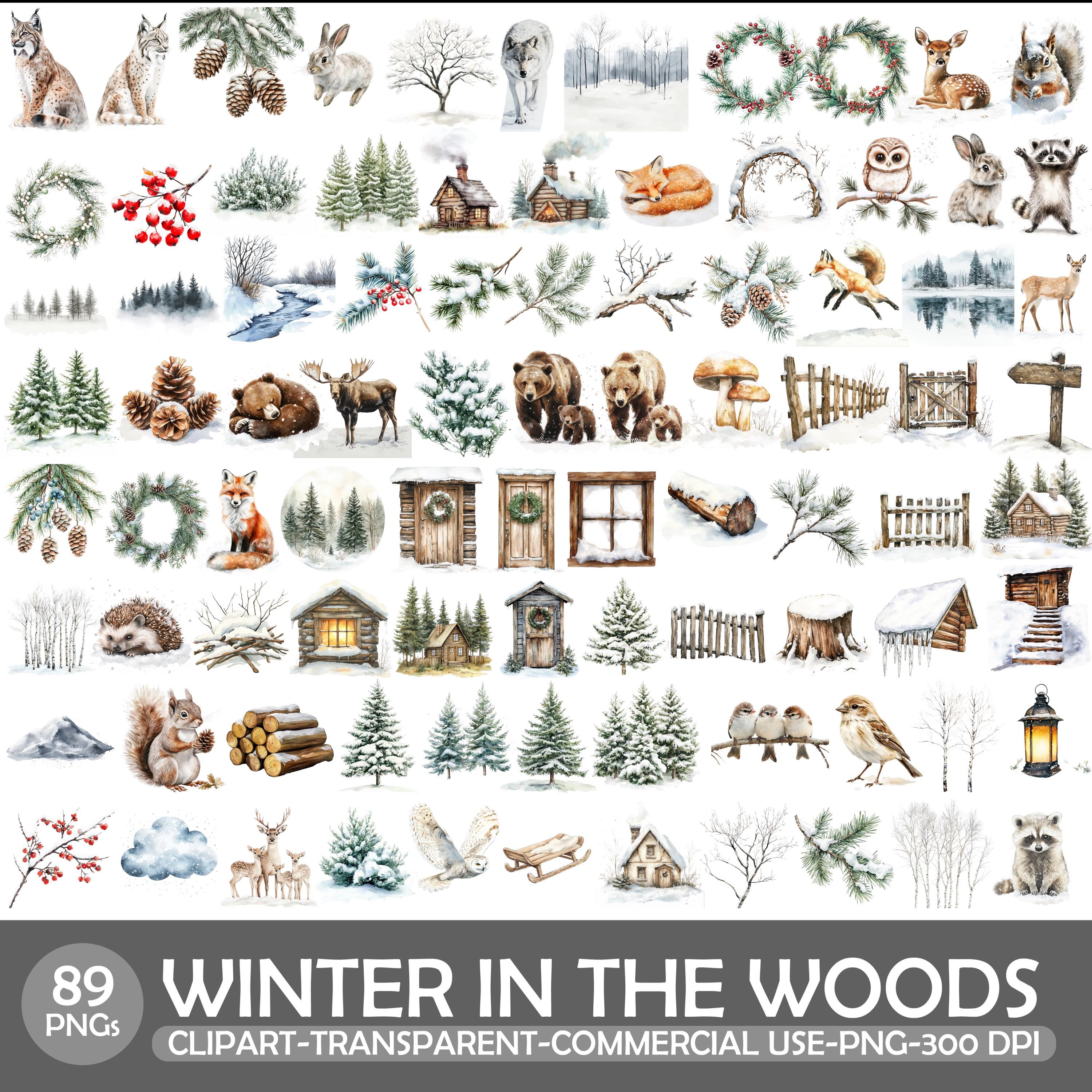 Winter Woodland Clipart Bundle – Animals, Cabins, Trees (PNG) - Etsy