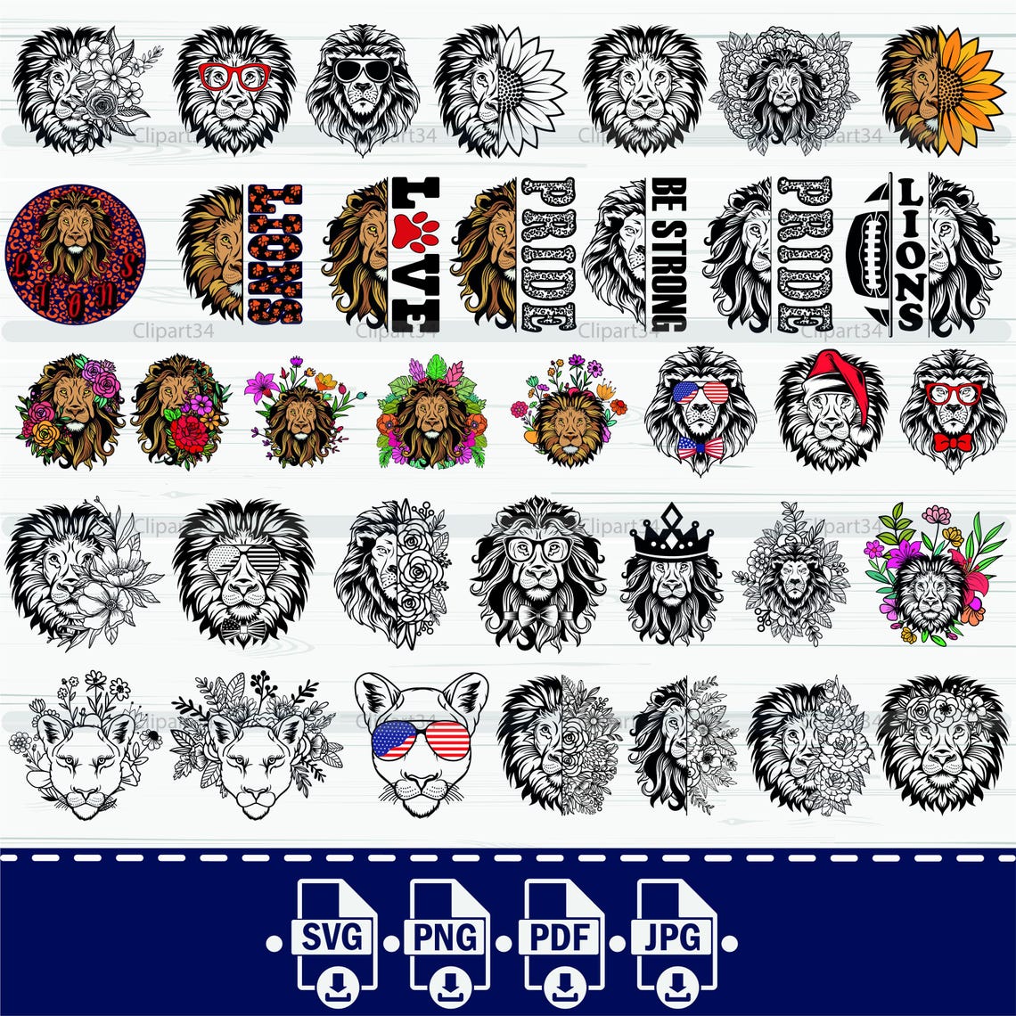 Lion SVG Bundle, Lion PNG Bundle, Lion Clipart, Lion SVG Cut Files for ...