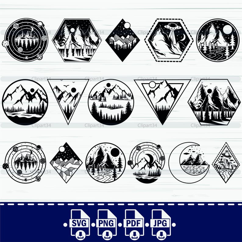Geometric Mountain Svg Bundle, Hand Drawn Geometric Landscape, Outdoor ...