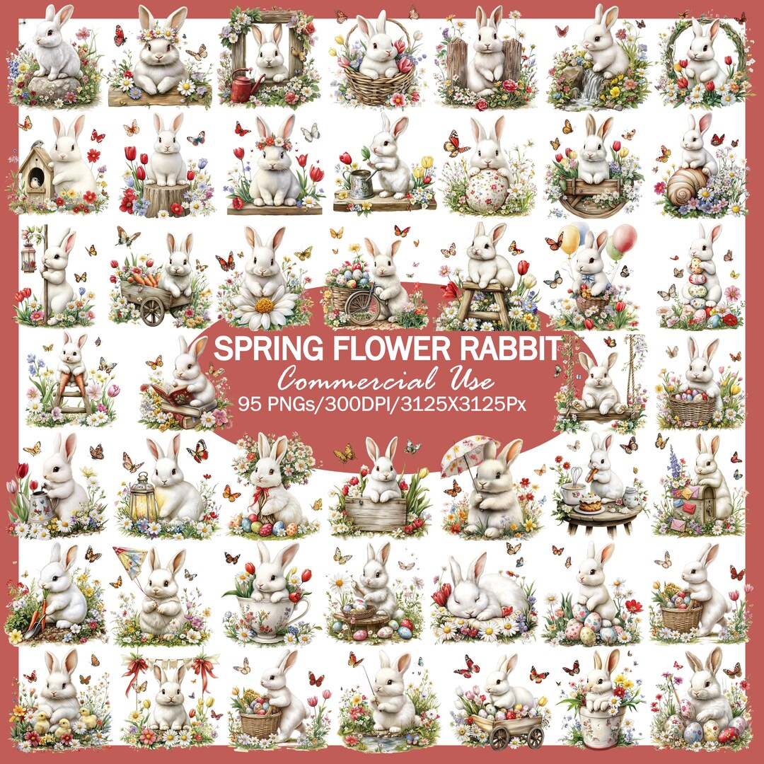 Spring Flower Rabbit Clipart, Easter Bunny Pngs, Commercial Use (300 ...