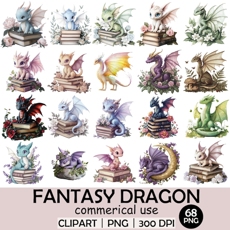 Fantasy Dragon Clipart: 68 Enchanting PNG Illustrations (commercial Use ...