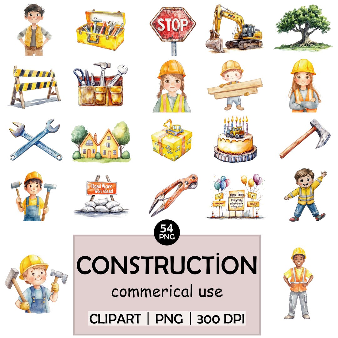 Construction Clipart Bundle – 54 Watercolor Kids Builder PNG, Tools ...