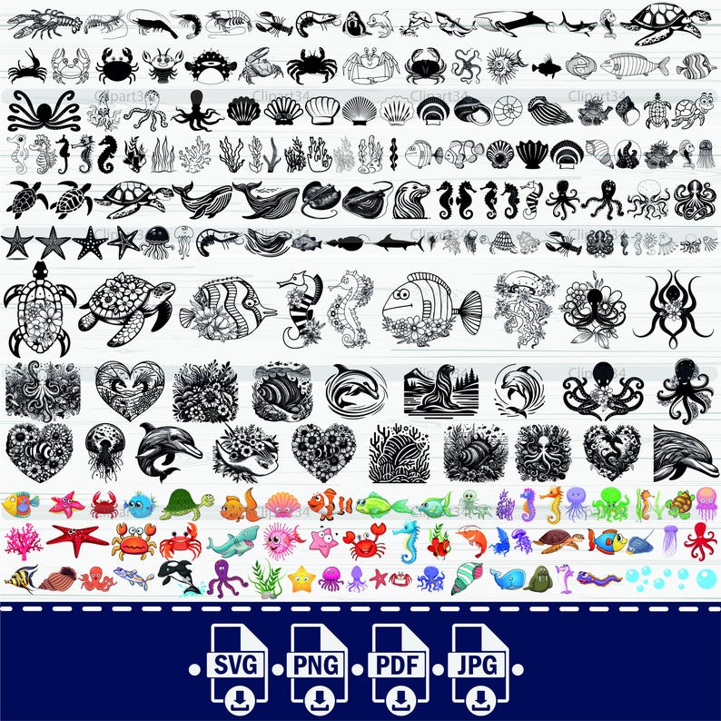 Ocean Animal SVG Cut File, Silhouette Floral Sea Animal Clipart ...