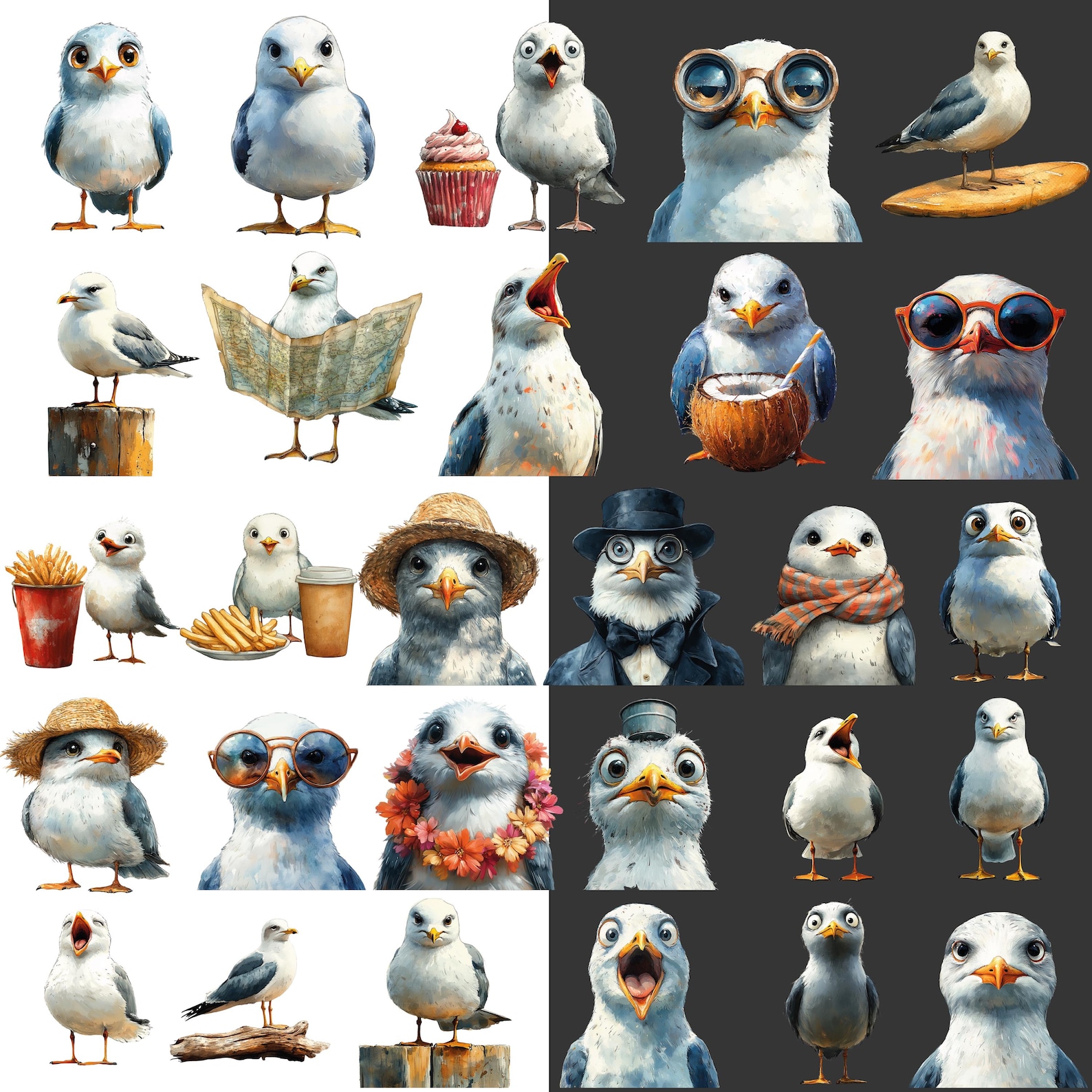 Funny Seagulls Clipart Mega Pack: 114 Whimsical Illustrations (300 DPI ...