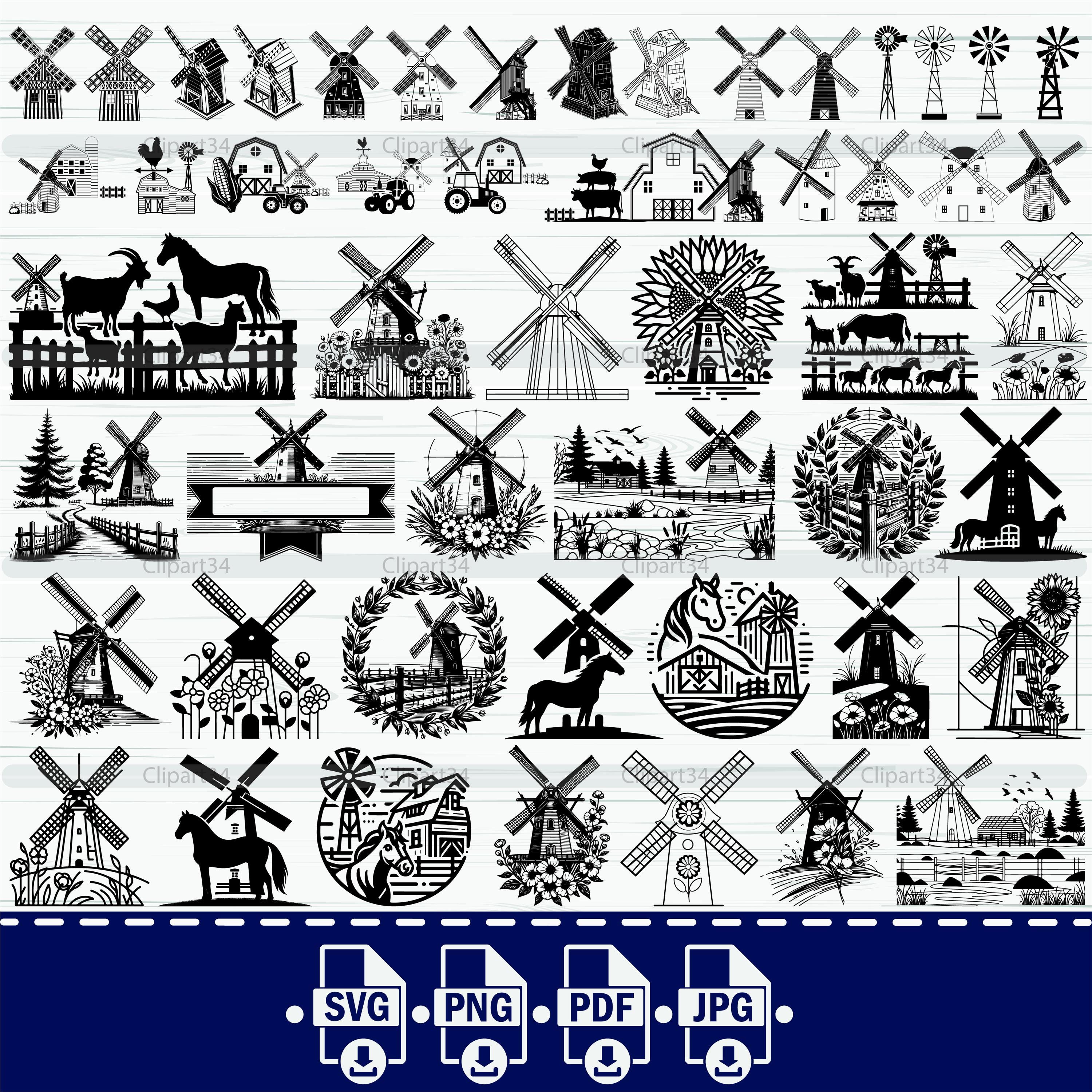 Windmill Svg, Wind Mill Svg, Farmhouse Svg, Farm Animal, Dutch Windmill ...