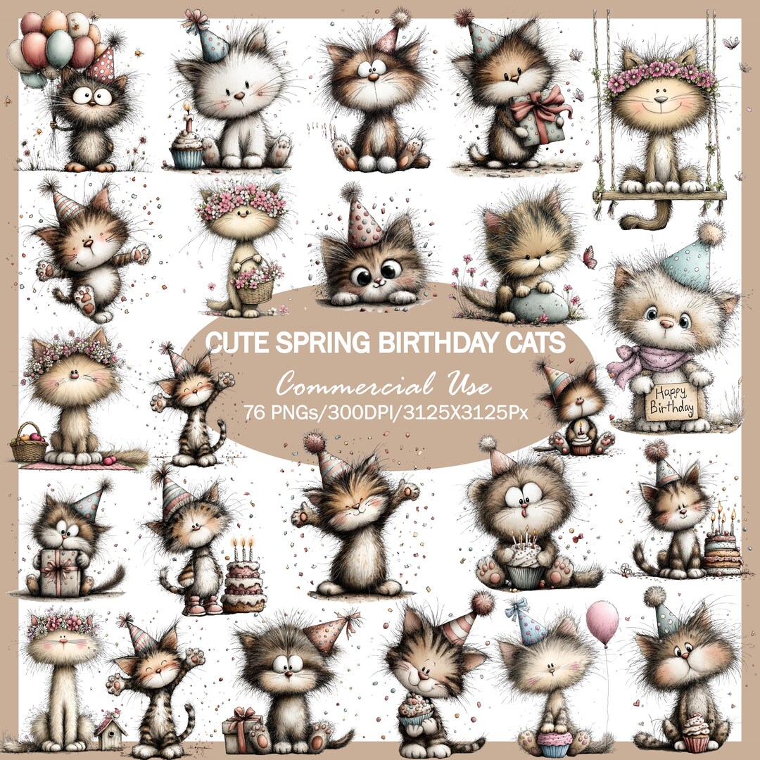 Birthday Cats Watercolor Clipart Bundle, Spring Kittens PNG (commercial ...