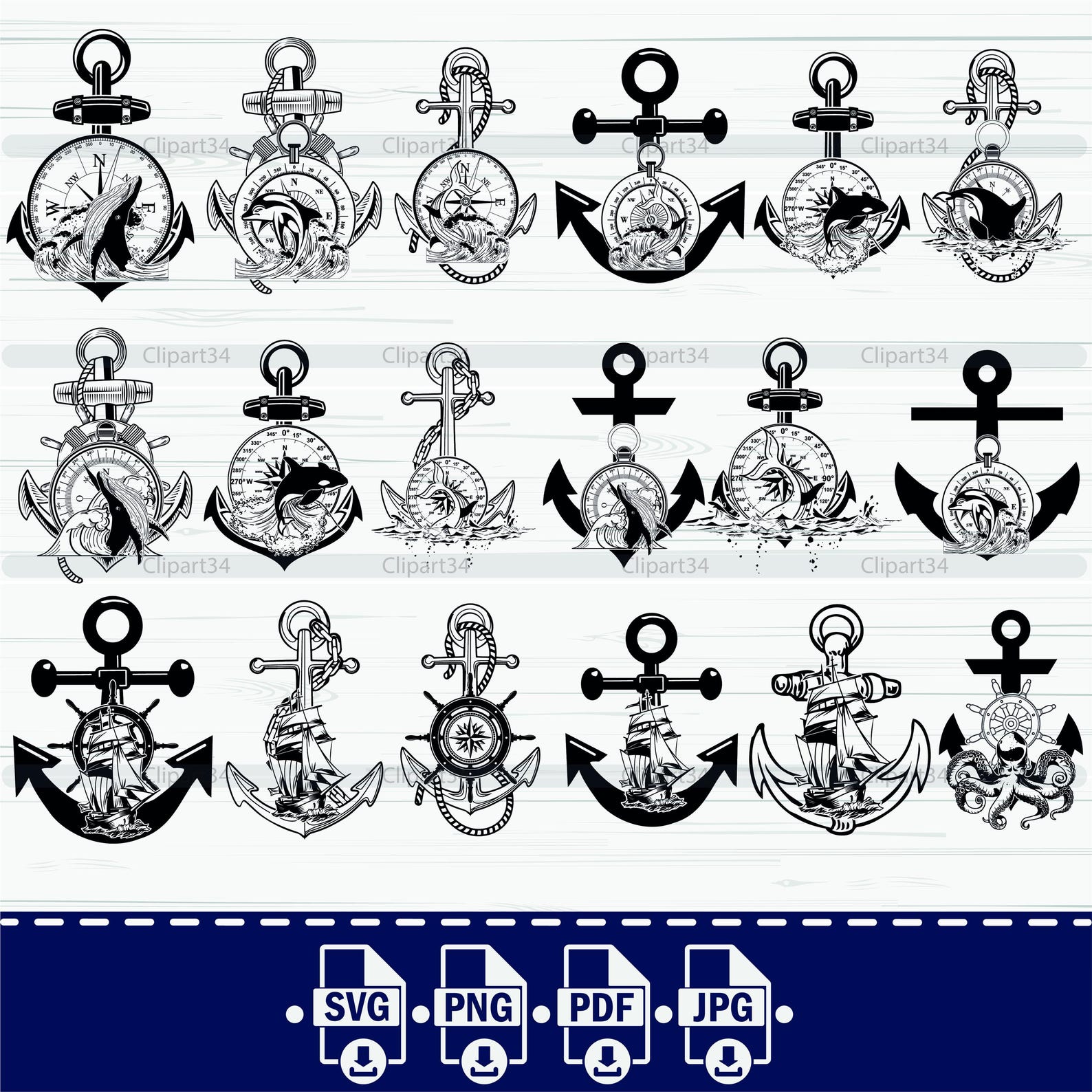 Floral Anchor SVG Bundle: Nautical Clipart, Marine Cut Files (digital ...