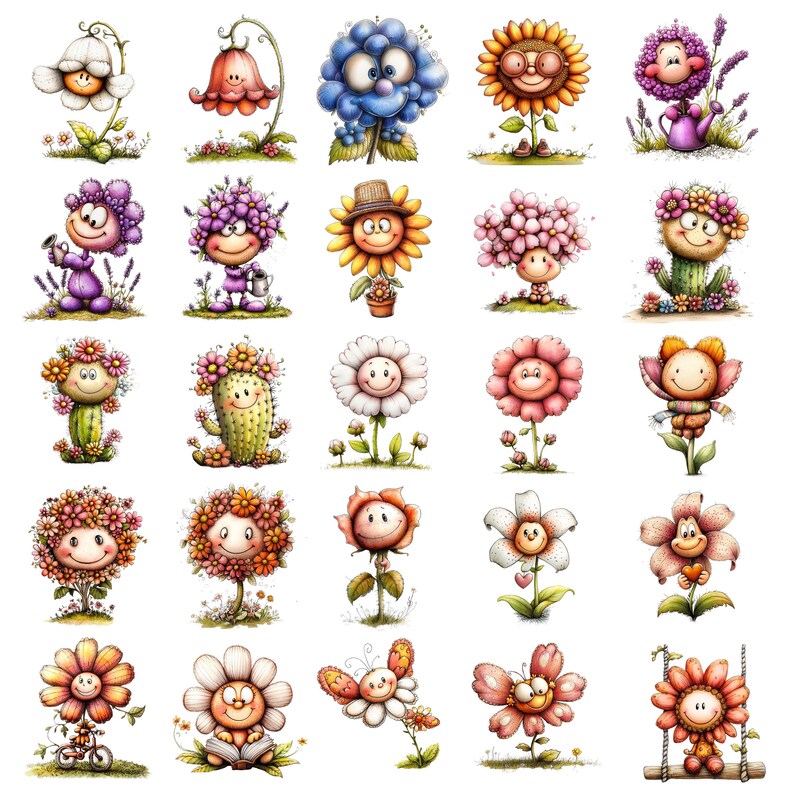 Spring Flower Clipart Bundle, Cartoon Floral PNG (commercial Use - Etsy