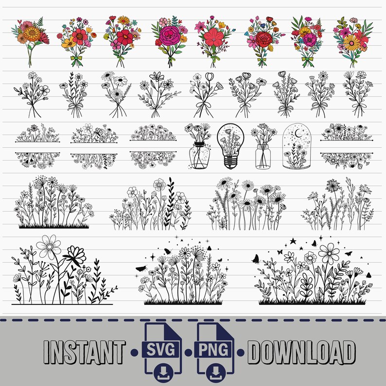 Wildflowers Svg, Wild Flower Svg Bundle, Floral Frame Svg, Split ...