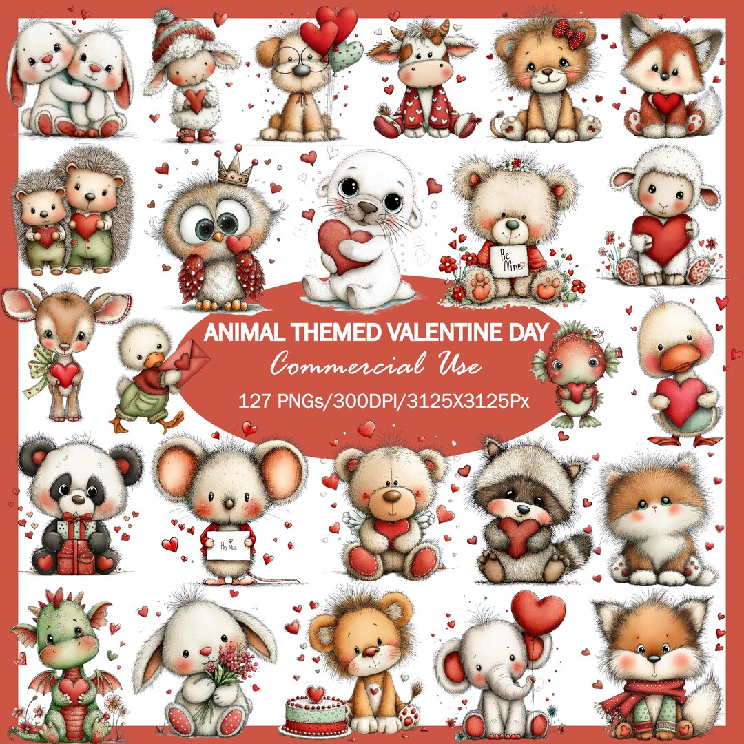 Animal Themed Valentine’s Day Clipart Bundle, Cute Valentine Animals ...