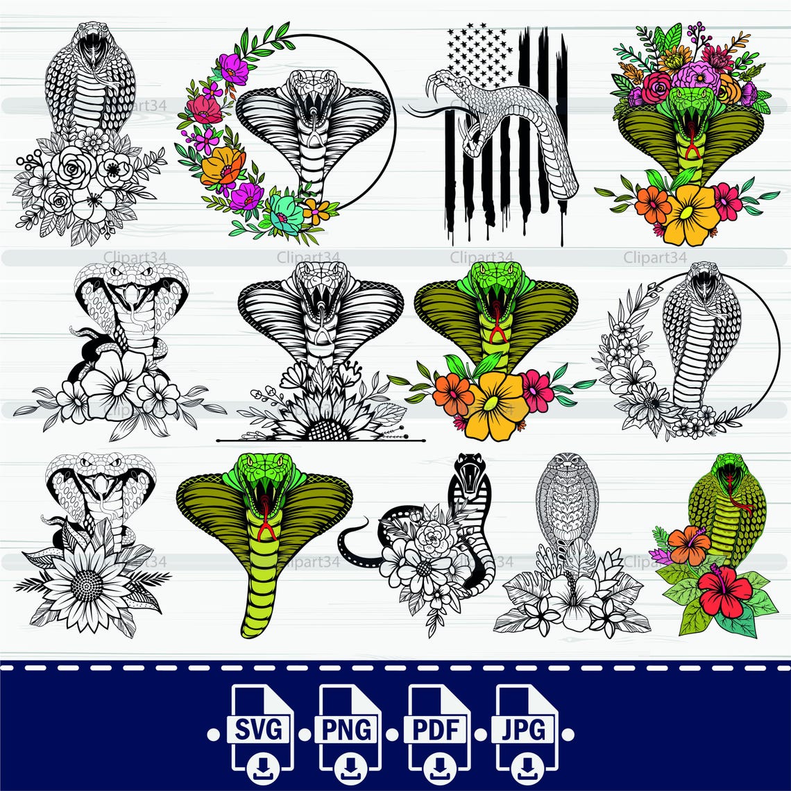 Cobra Svg File, Snake SVG Bundle, Floral Snake Svg, Cobra Svg, Cobra ...