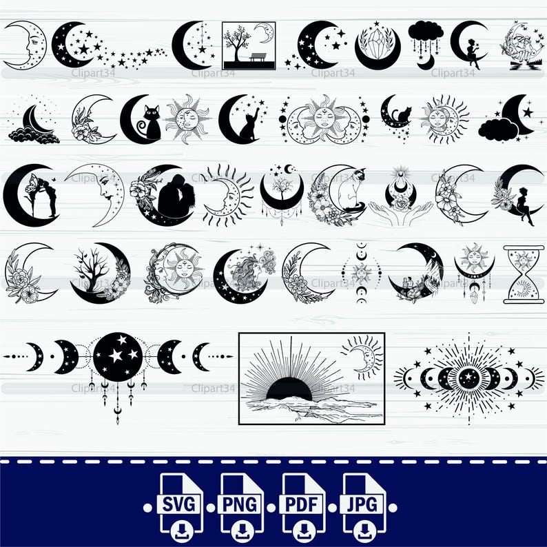 Moon Svg Bundle, Moon and Stars Svg, Crescent Moon Svg, Celestial Svg ...