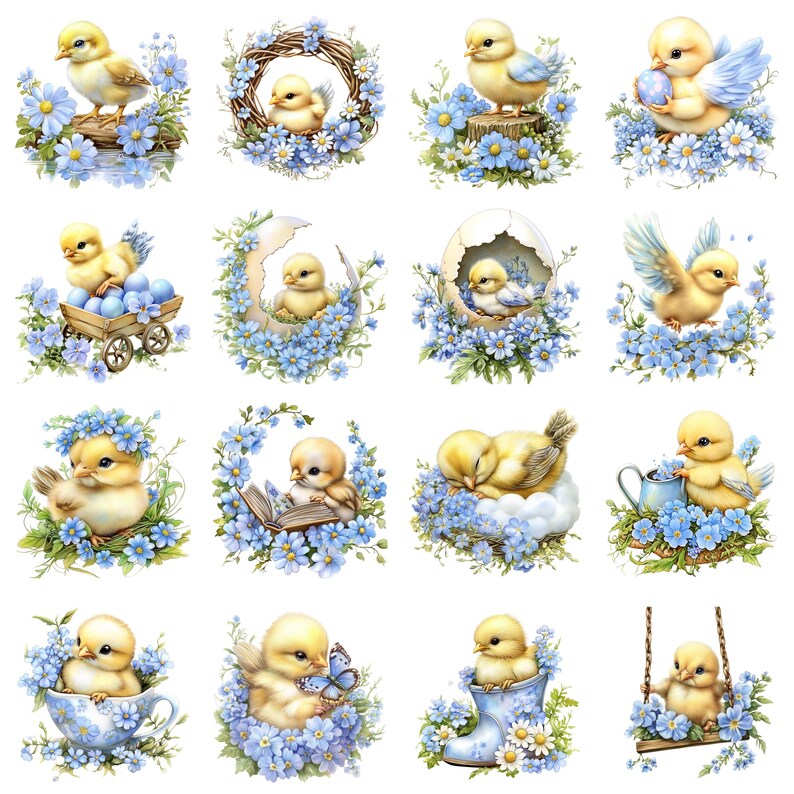 Flowering Spring Chicks Clipart Bundle, Cute Baby Chick PNG, Easter ...