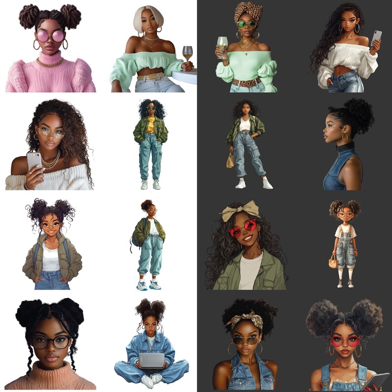 Black Girl Clipart Bundle: 49 PNG Illustrations, Commercial Use ...