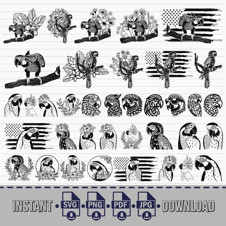 Parrots Svg Files for Cricut, Floral Parrot Clipart, Birds Silhouette ...