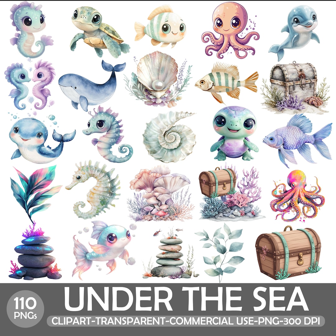 Watercolor Sea Animals Clipart Bundle | Ocean Creatures PNG (110 Files ...