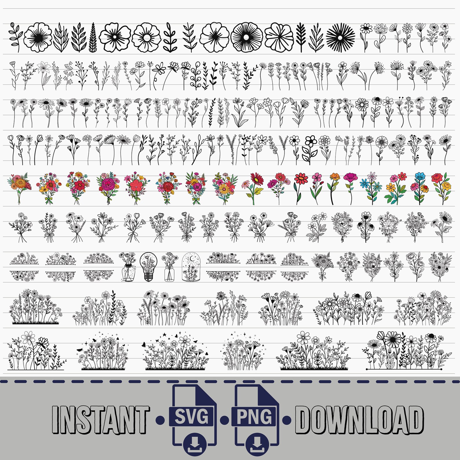 Wildflowers Svg, Wild Flower Svg Bundle, Floral Frame Svg, Split ...