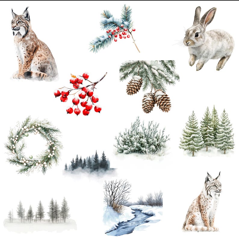 Winter Woodland Clipart Bundle – Animals, Cabins, Trees (PNG) - Etsy