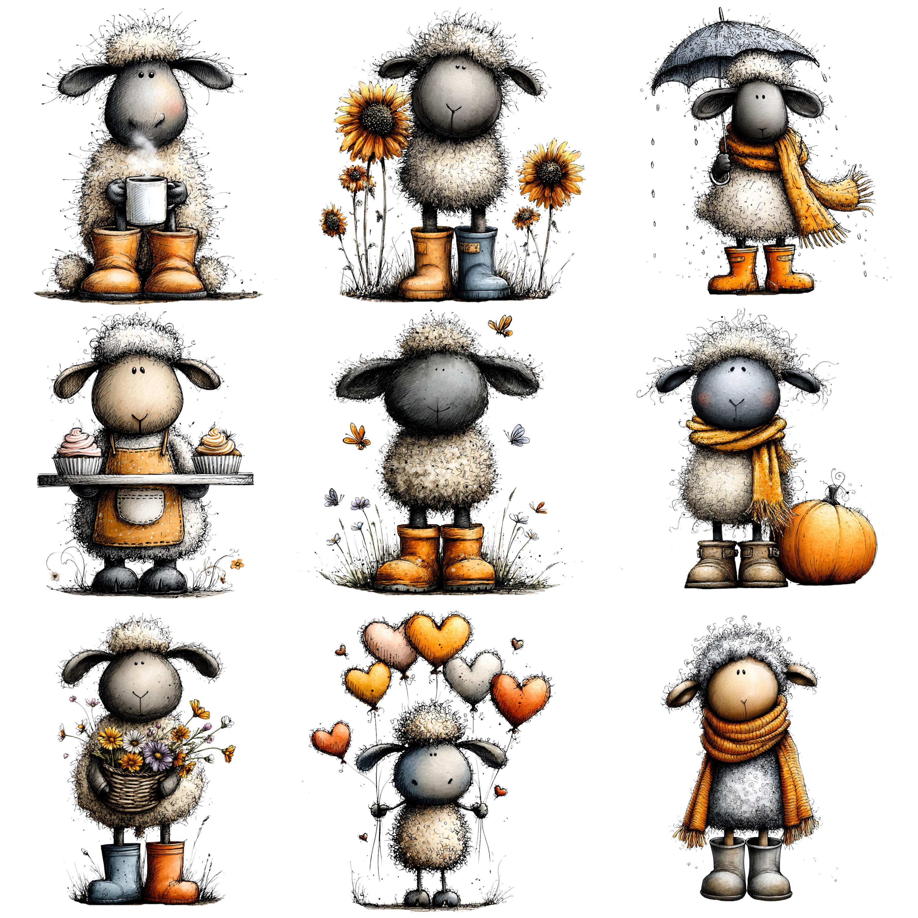 Watercolor Sheep Clipart Bundle, Autumn Farm Animals PNG, Rustic Fall ...