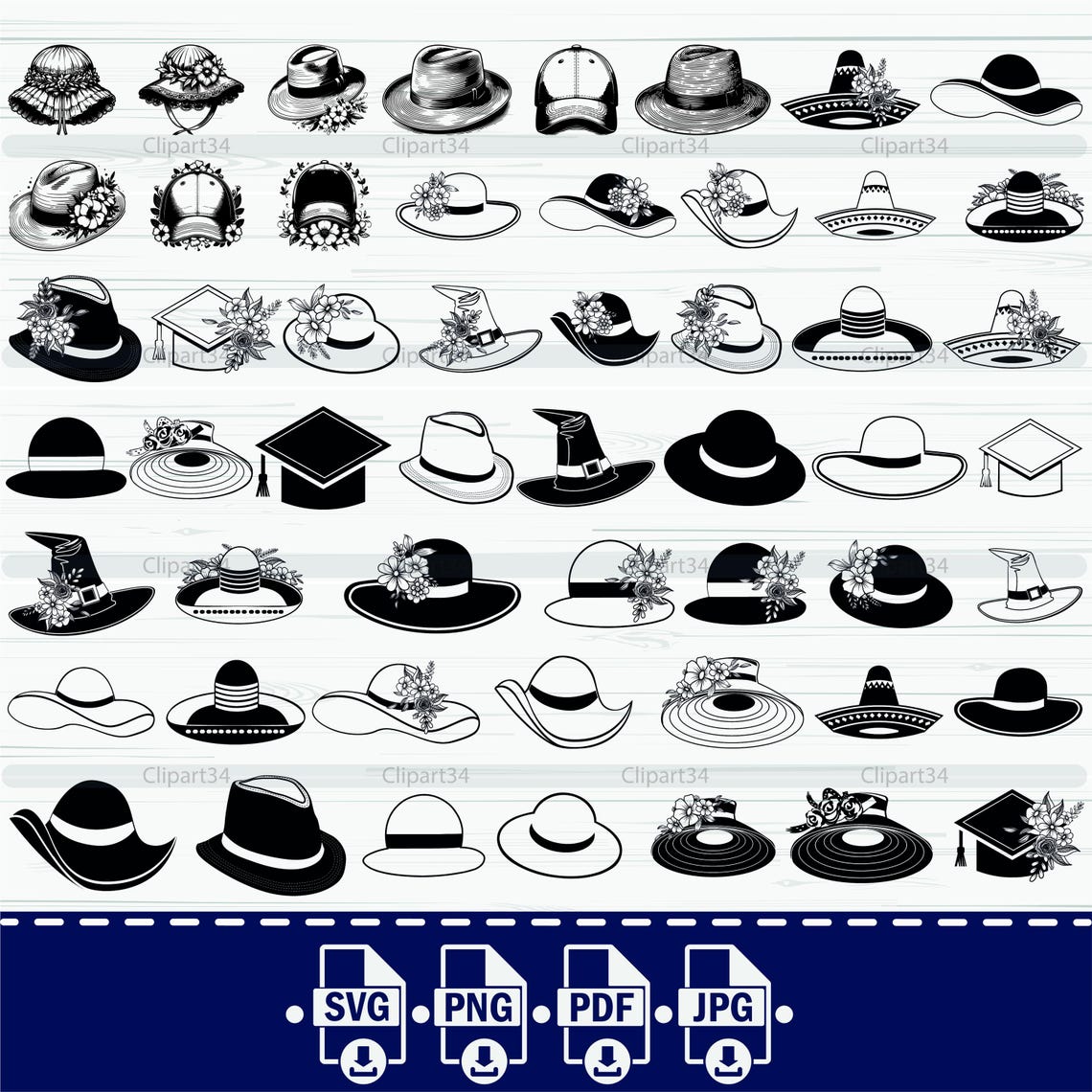 Hat SVG Clipart Bundle: Cowboy, Witch, Fedora & More (digital Download ...