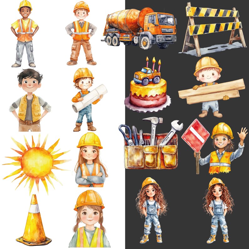 Construction Clipart Bundle – 54 Watercolor Kids Builder PNG, Tools ...