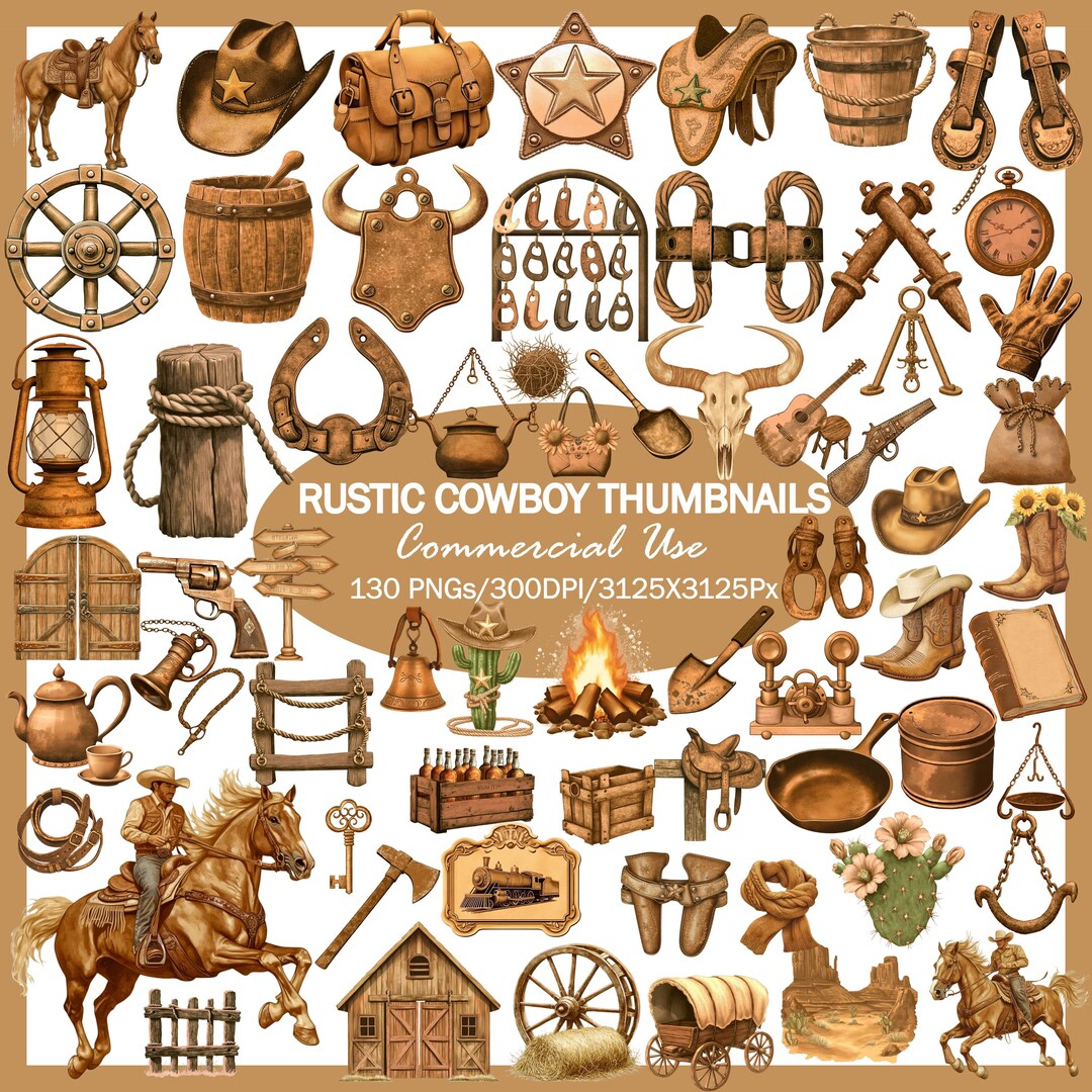 Rustic Western Clipart Bundle, Cowboy Elements PNG (commercial Use, 130 ...