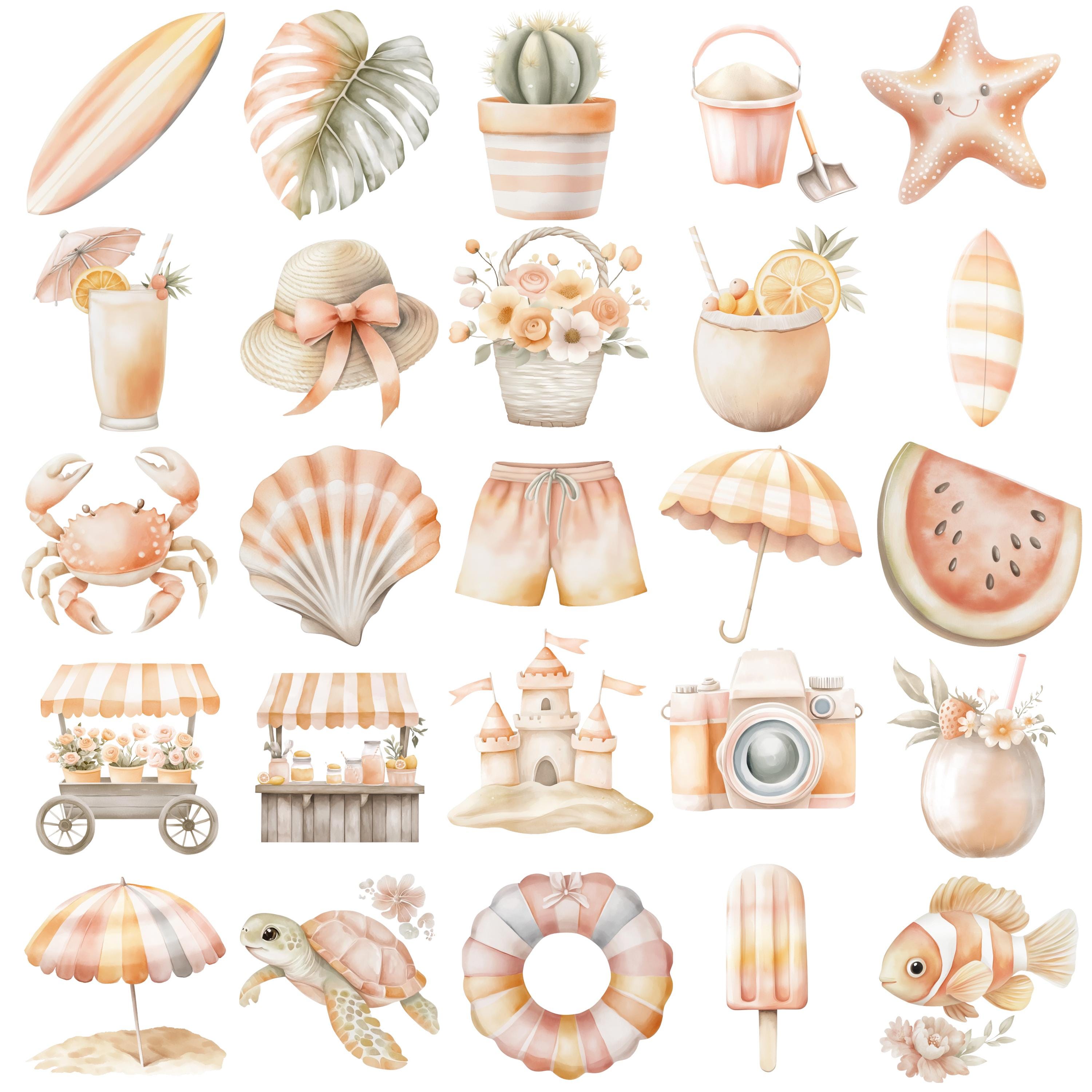 Summer Beach Clipart, Watercolor Coastal Vacation Elements (PNG Files ...