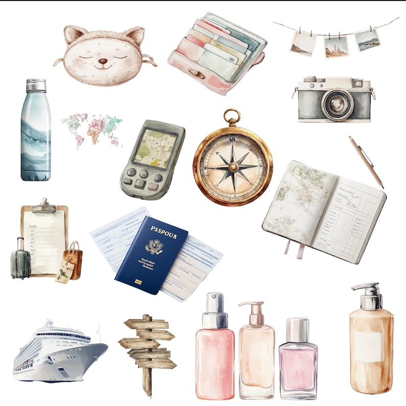 Watercolor Travel Clipart Bundle, Vacation Illustrations (PNG, 300 DPI ...