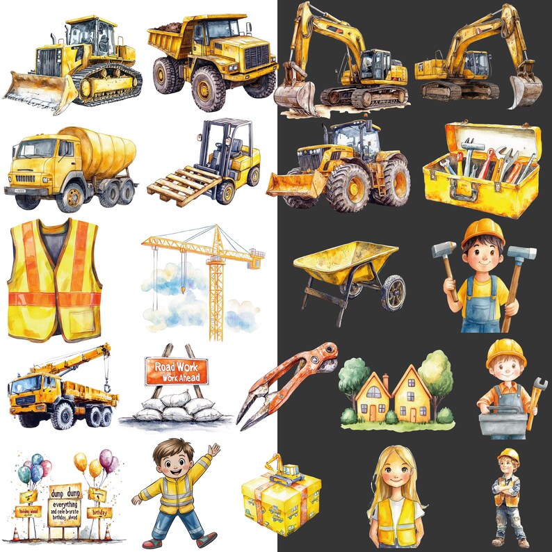 Construction Clipart Bundle – 54 Watercolor Kids Builder PNG, Tools ...