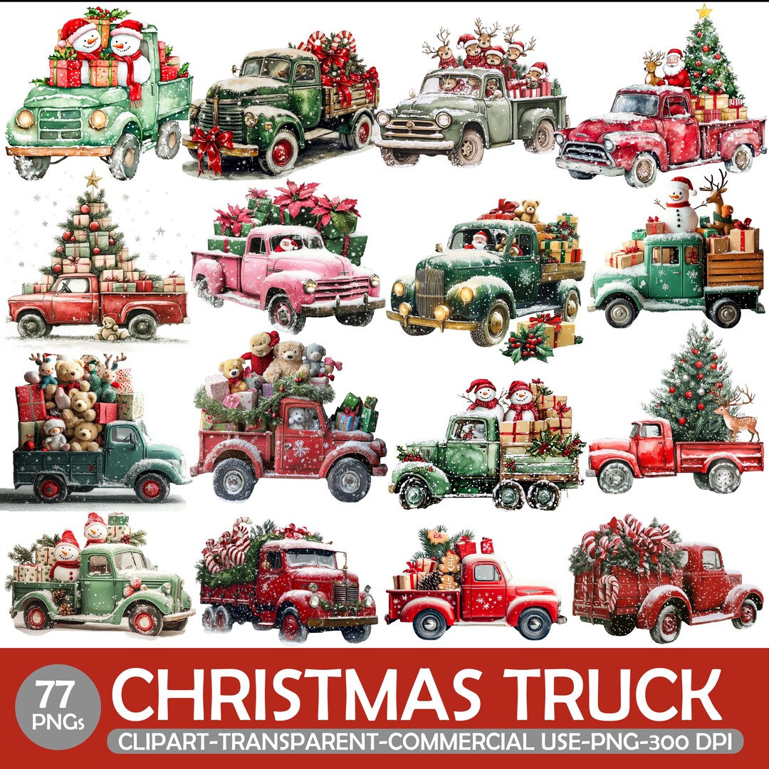 Christmas Truck Clipart Bundle | Watercolor Vintage Red & Green PNG ...