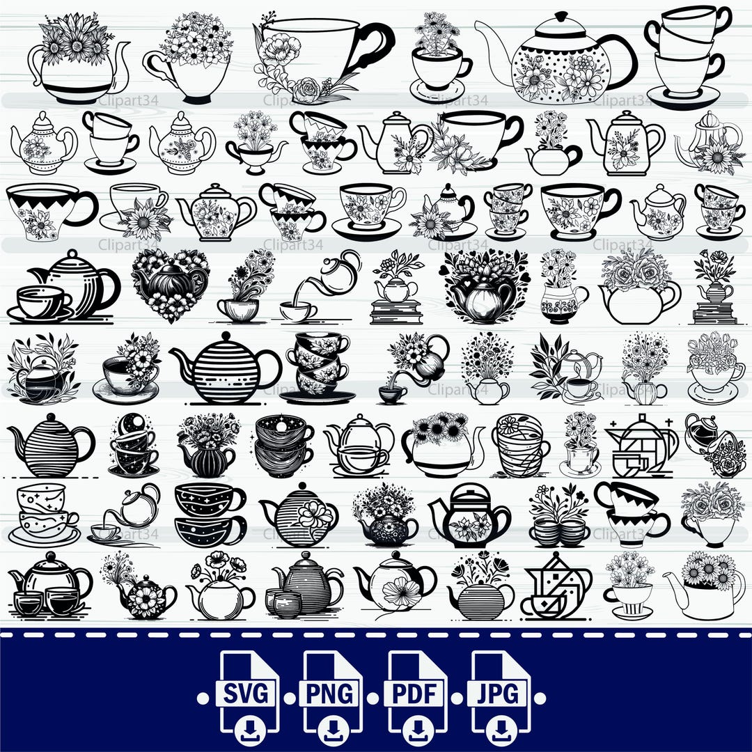 Floral Teapot & Teacup SVG Bundle: Flower Tea Pot Cut Files (digital ...