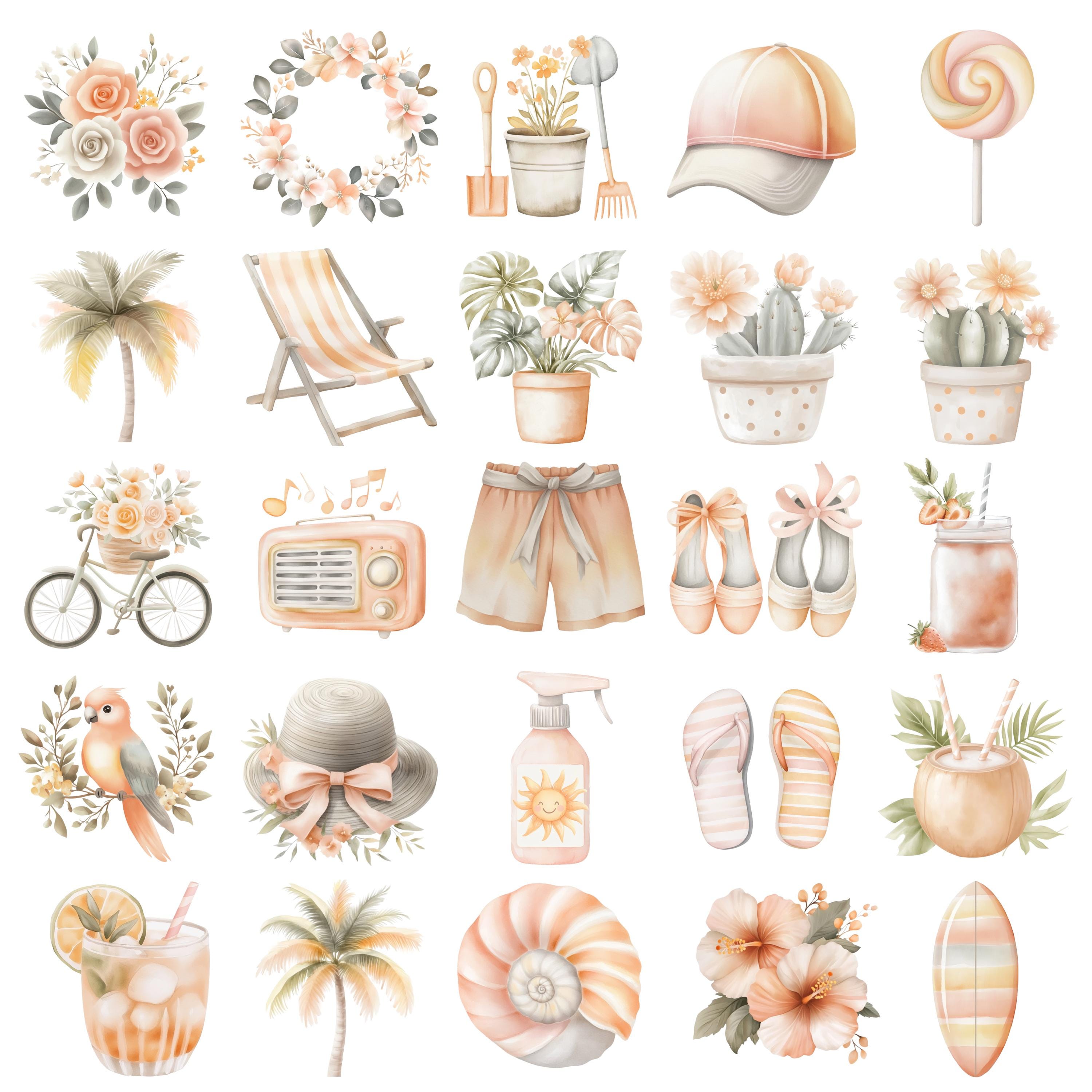Summer Beach Clipart, Watercolor Coastal Vacation Elements (PNG Files ...