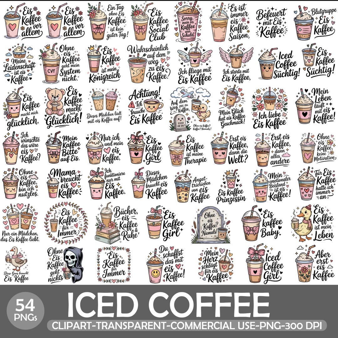 Iced Coffee Clipart Bundle – Hand Drawn Eiskaffee Sprüche PNG, Kaffee ...